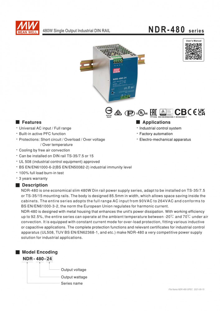 MEAN WELL NDR-480-24 datasheet page 1