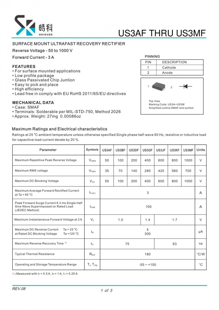 US3AF datasheet page 1