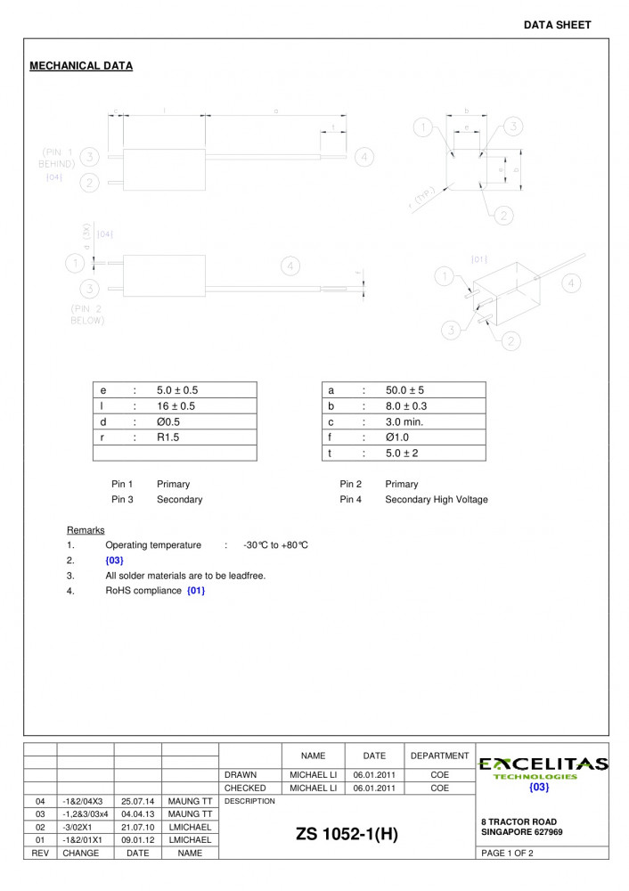 ZS1052-1(H) datasheet page 1: mechanical data and drawing