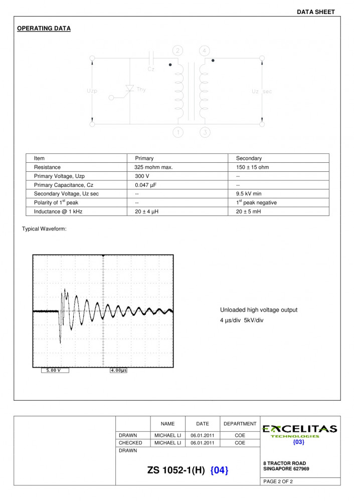 ZS1052-1(H) datasheet page 2: operating data and typical waveform