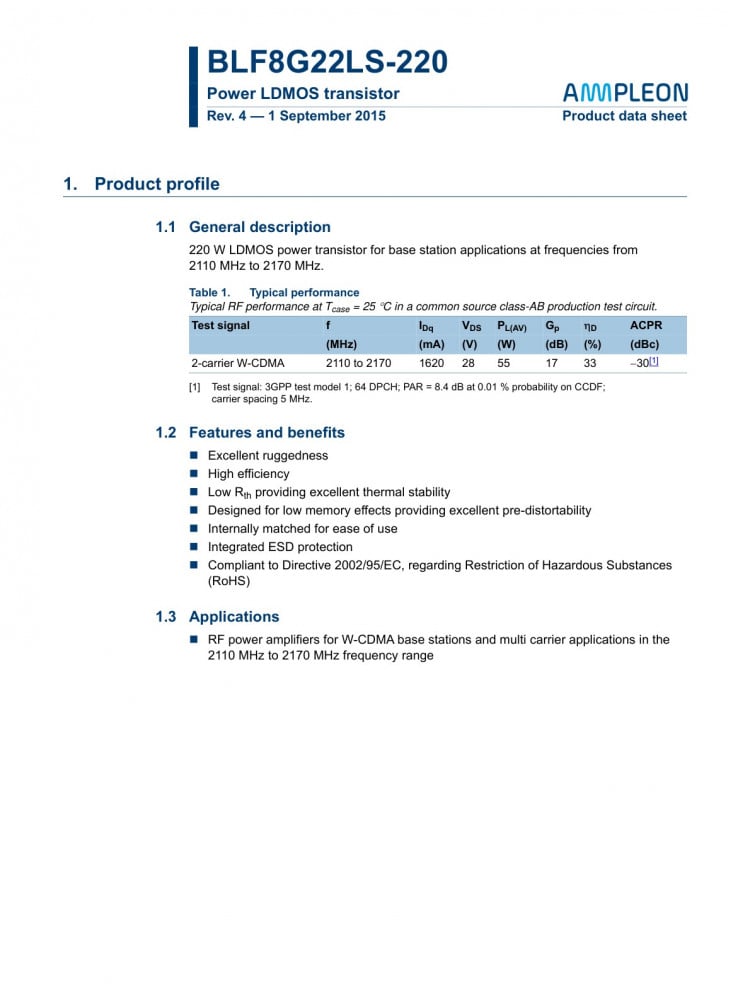 BLF8G22LS-220U datasheet page 1