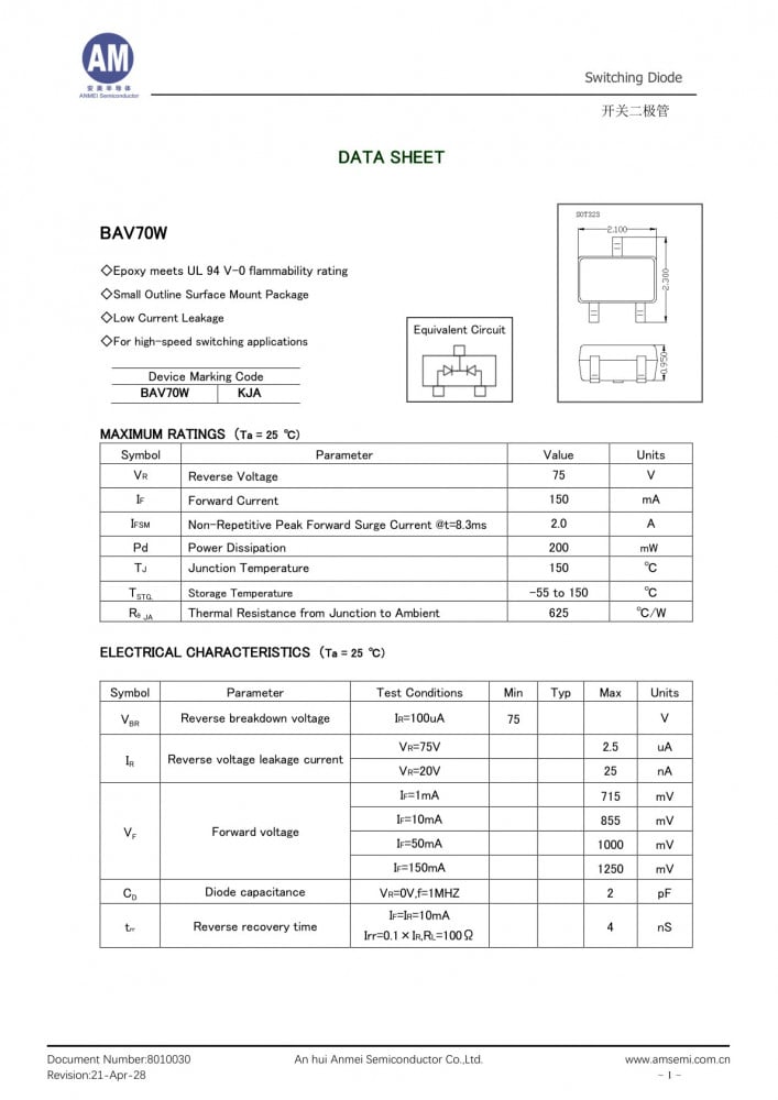 BAV70W datasheet page 1