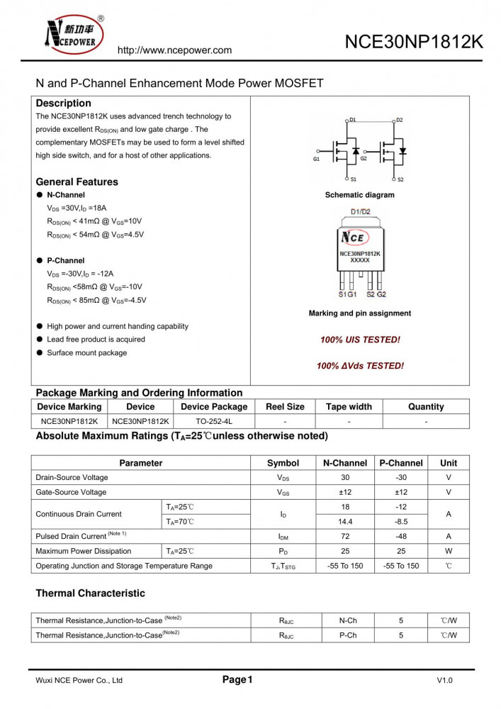 NCE30NP1812K datasheet page 1