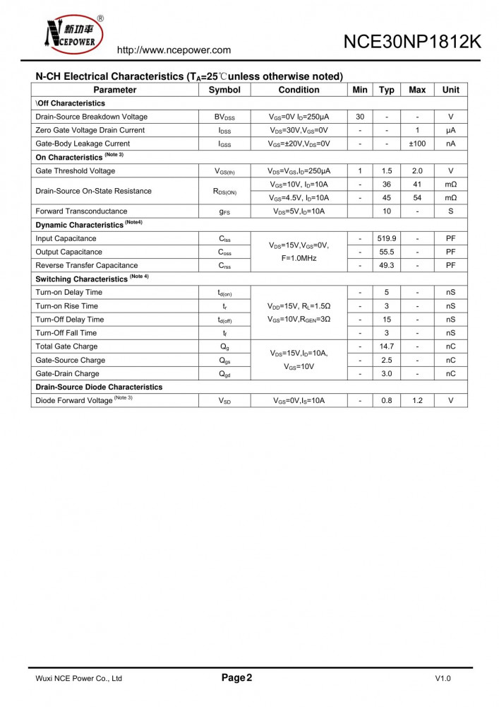 NCE30NP1812K datasheet page 2