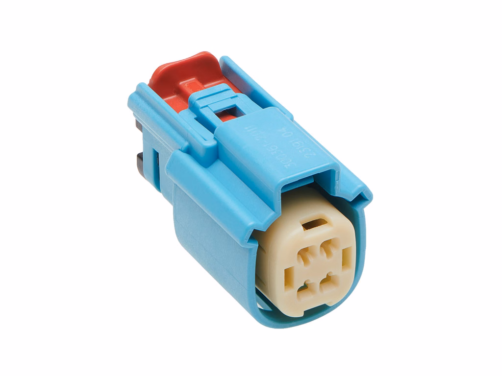 MX150 Mid-Voltage Mat-Sealed Female Connector Assembly, Single Row, 4 Circuits, 48V, Keying Option A, with Connector Position Assurance, Light Blue