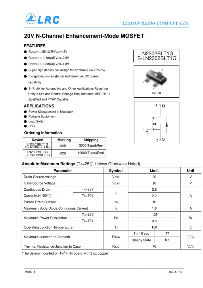 LN2302BLT1G datasheet page 1