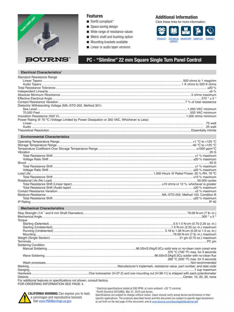 PC Slimline potentiometer datasheet page 1