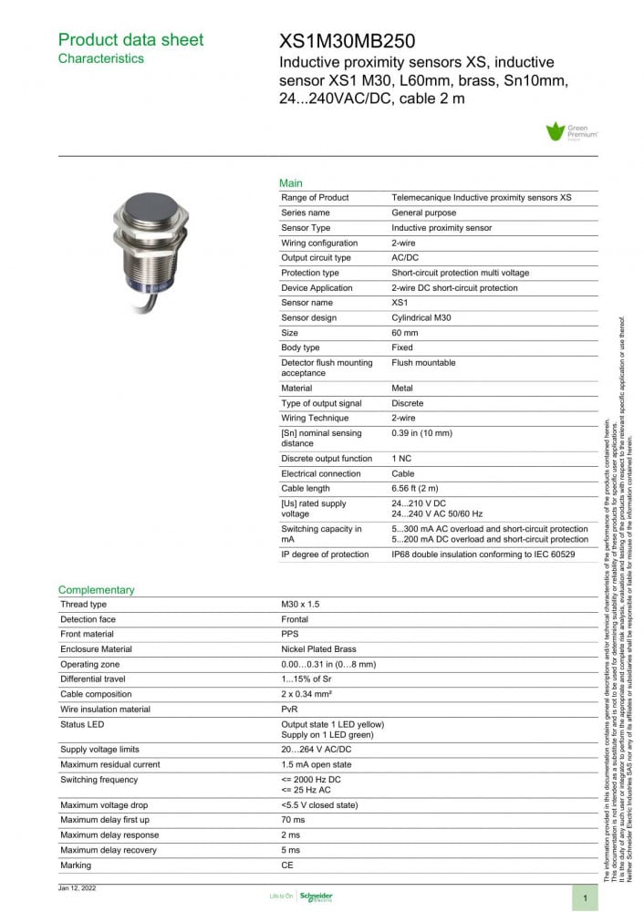 XS1M30MB250 technical document page 1