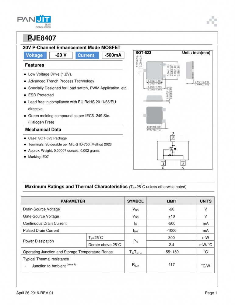 PJE8407 datasheet page 1