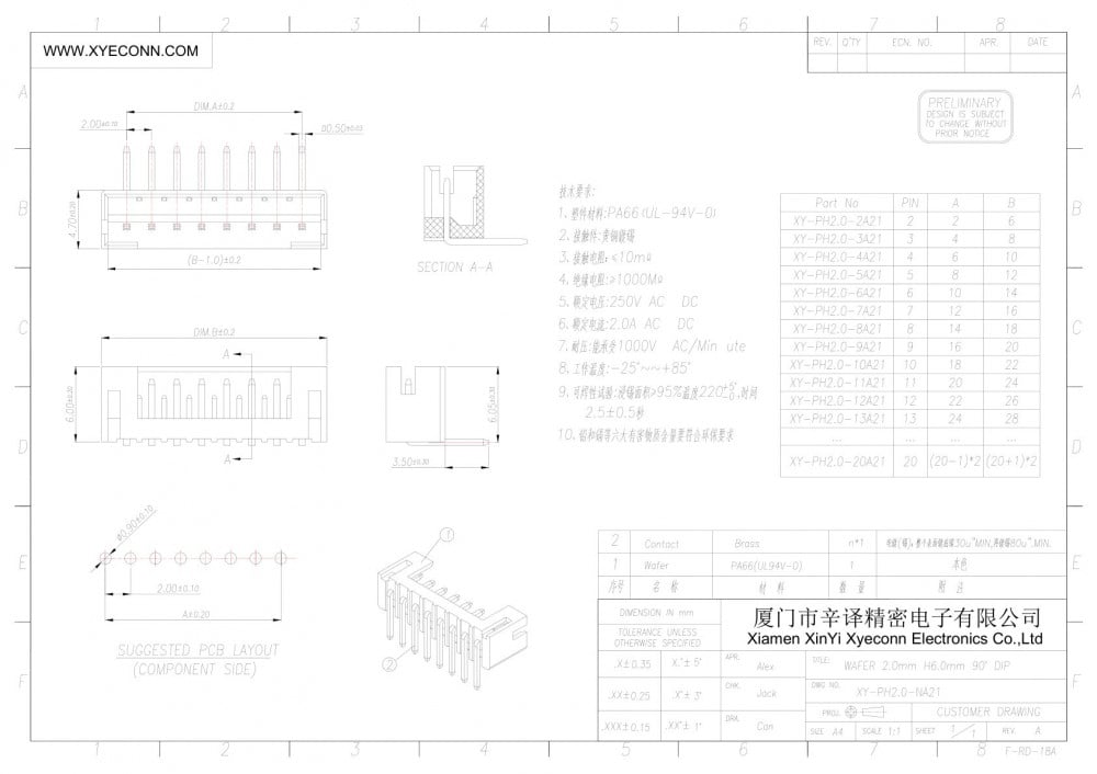 XY-PH2.0-10A21 technical drawing and specification page