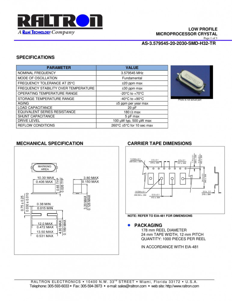 Raltron AS-3.579545-20-2030-SMD-H32-TR specification page 1