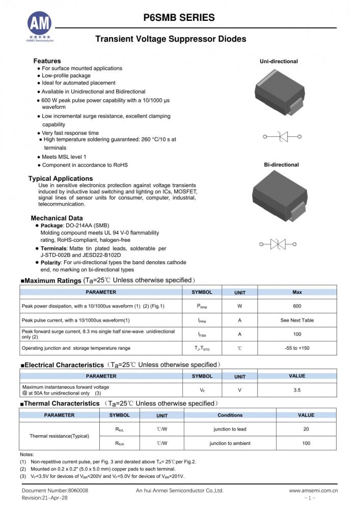 amsem P6SMB TVS datasheet page 1