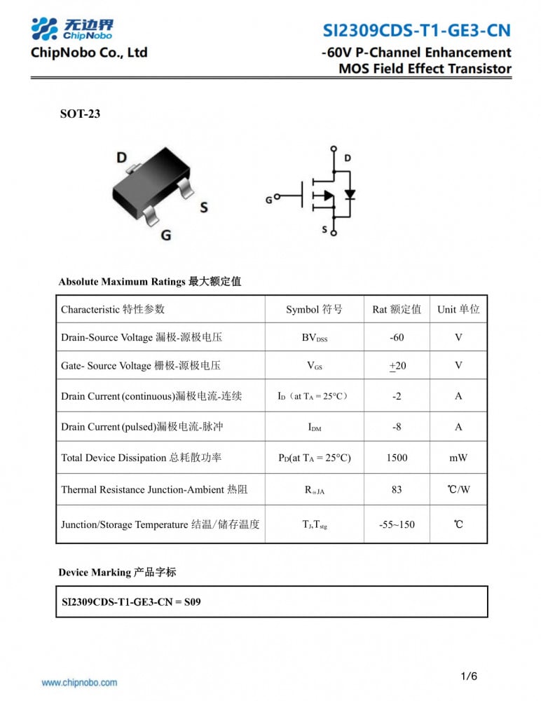 SI2309CDS-T1-GE3-CN datasheet page 1