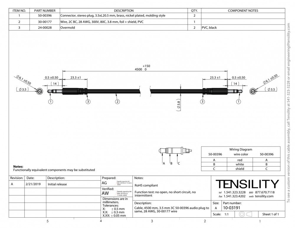 10-03191 product drawing and cable wiring information