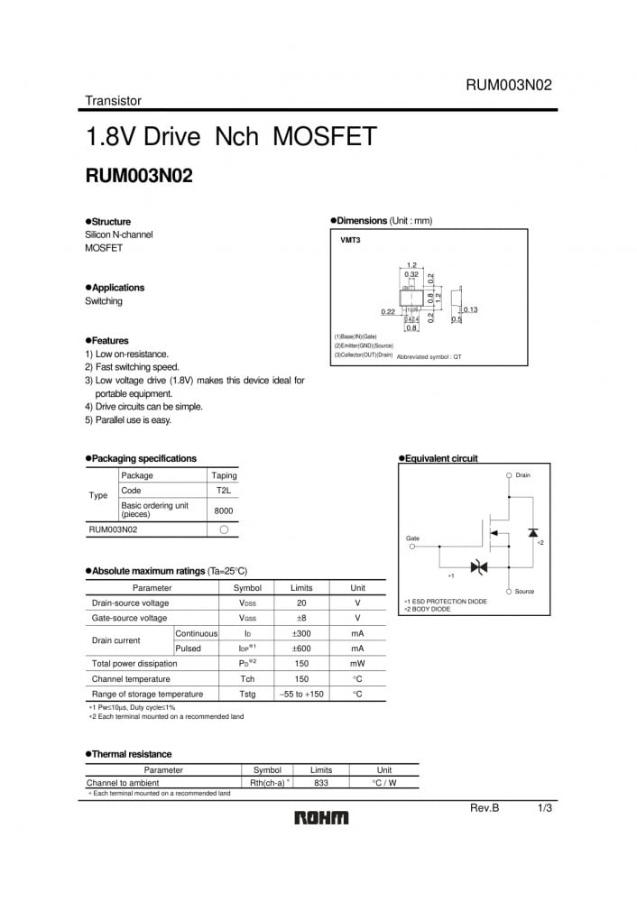 ROHM RUM003N02T2L technical document page 1