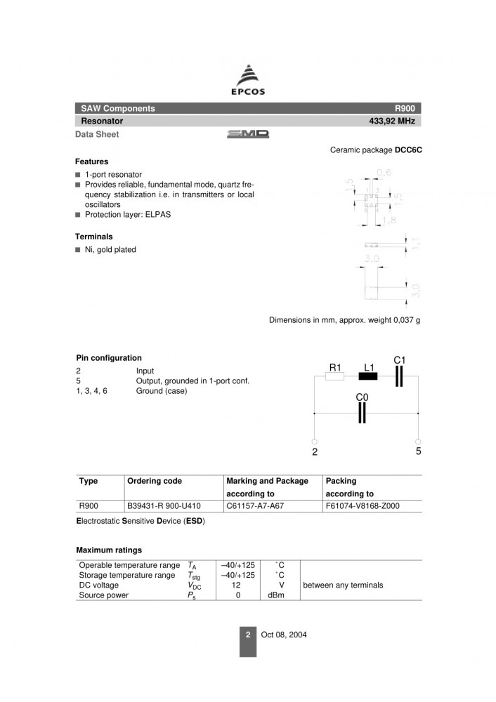 B39431R0900U410 R900 datasheet page 2
