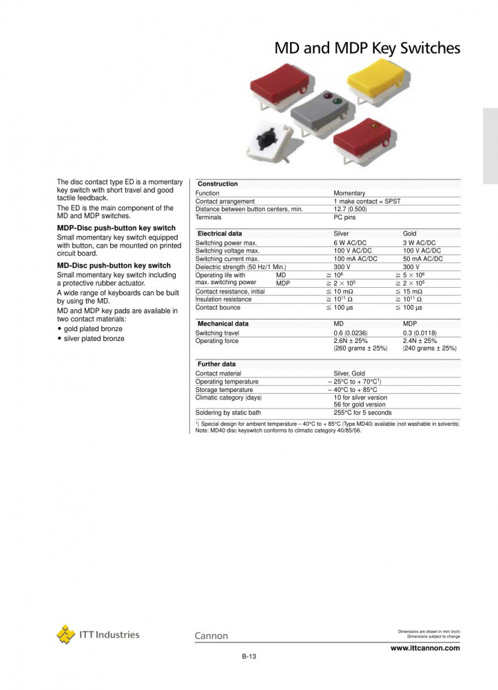 C&K MD and MDP disc keyswitch technical document page 1