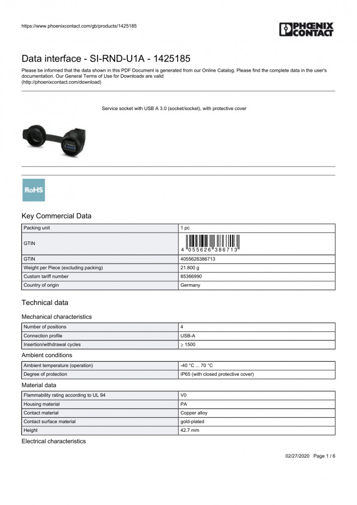 Phoenix Contact 1425185 technical document page 1