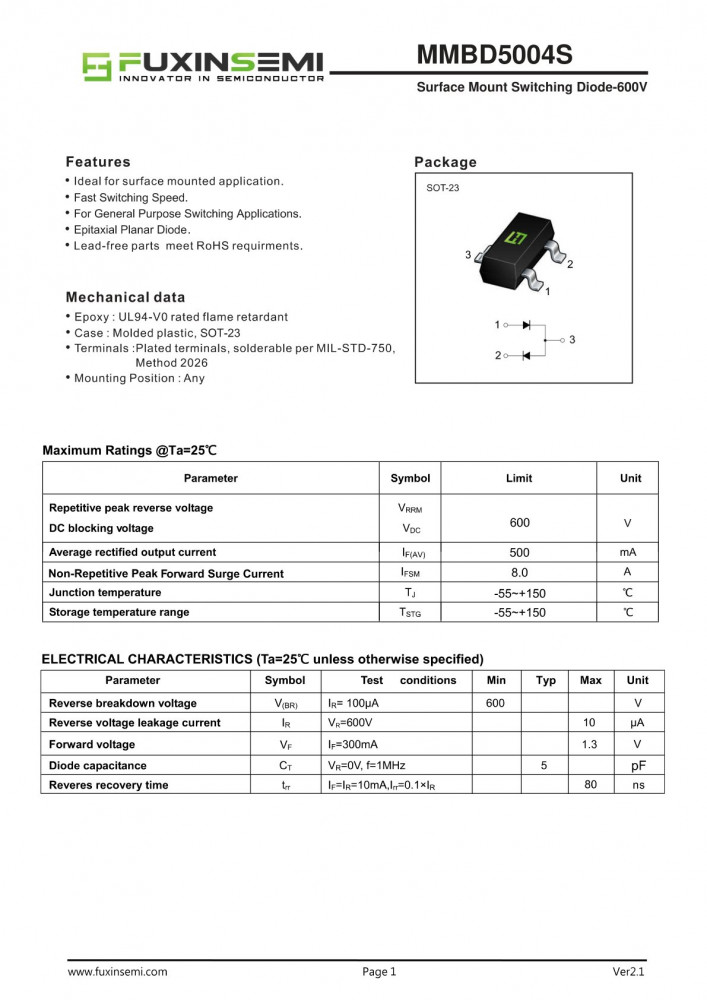 MMBD5004S technical document page 1