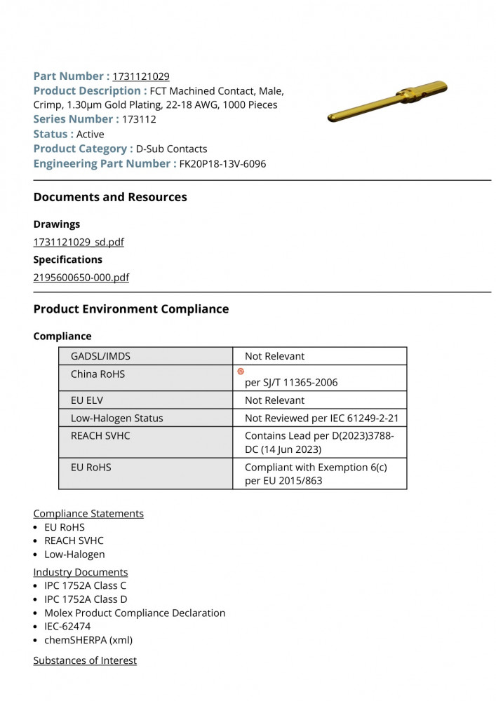 MOLEX 1731121029 technical document page 1