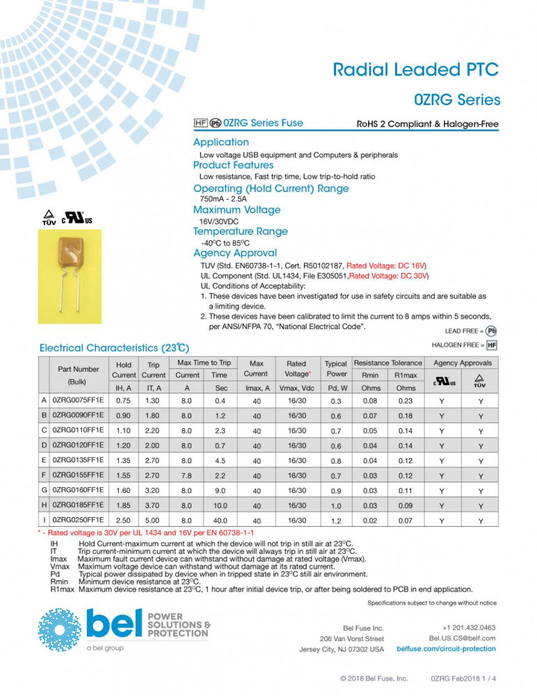 Bel Fuse 0ZRG series datasheet page 1
