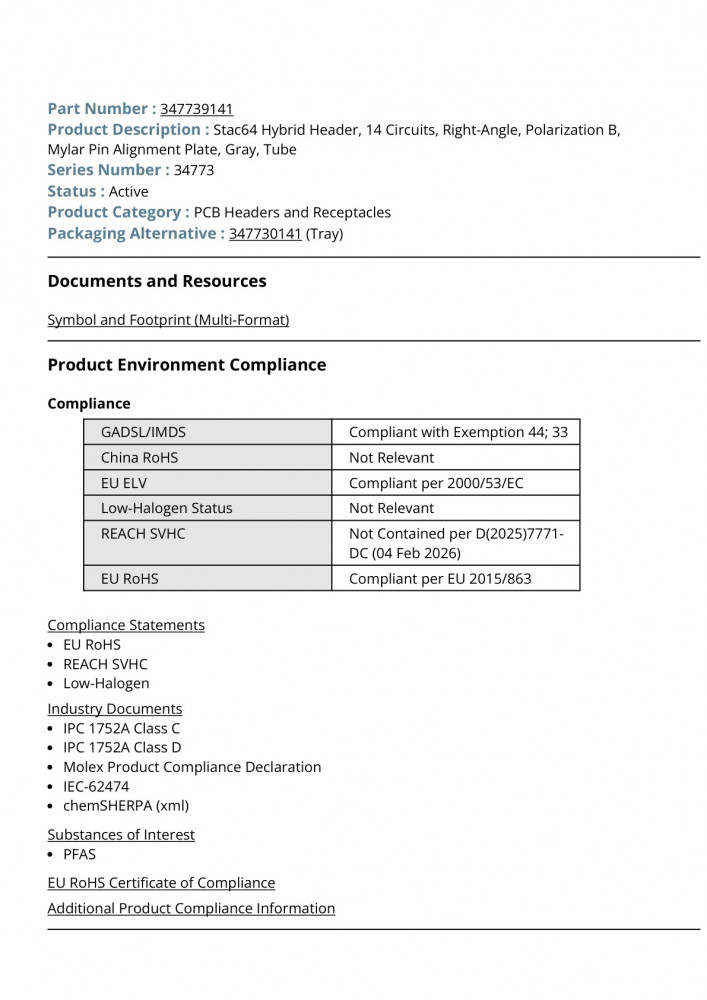 MOLEX 347739141 technical document preview, page 1