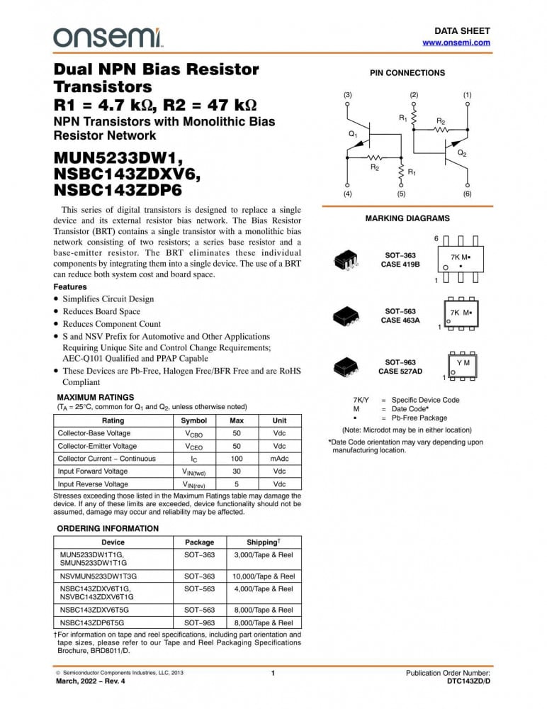 SMUN5233DW1T1G datasheet page 1