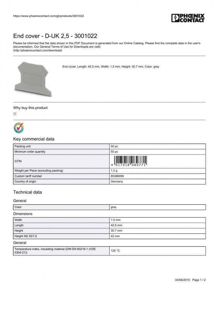 Phoenix Contact D-UK 2,5 3001022 datasheet page 1