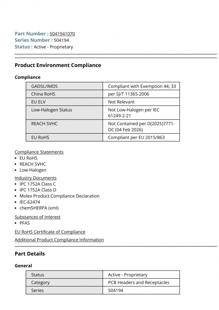 MOLEX 5041941070 product documentation image, page 1