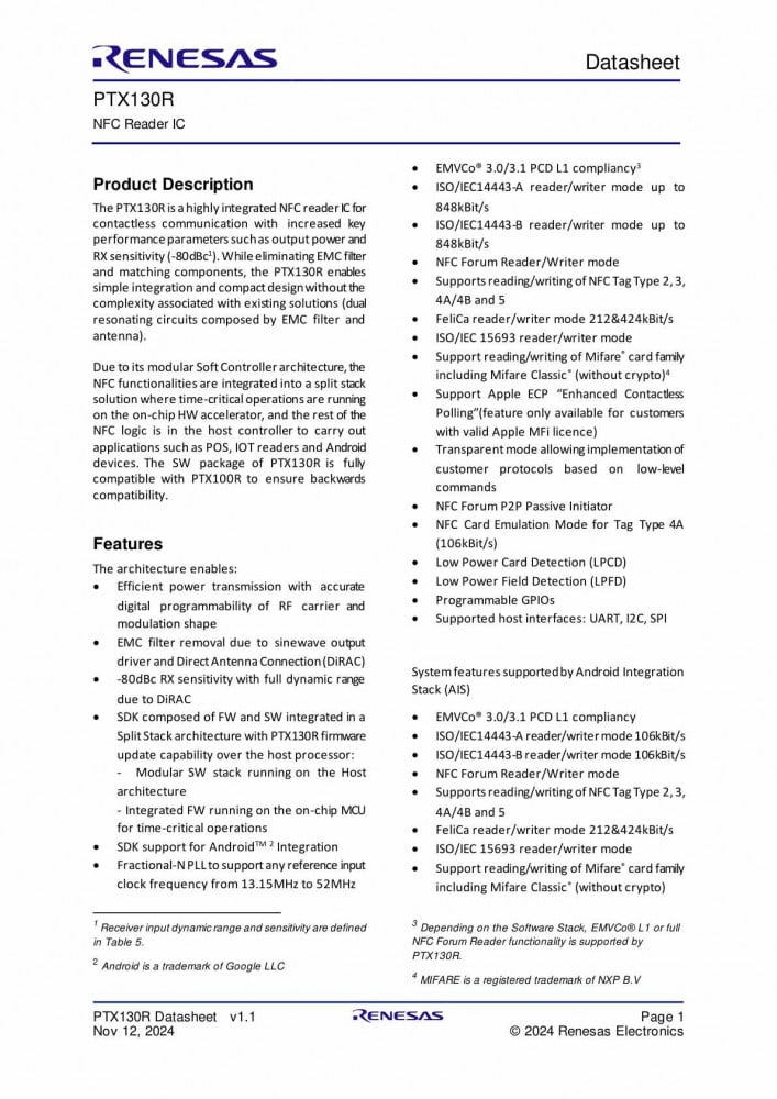 PTX130R technical document page 1