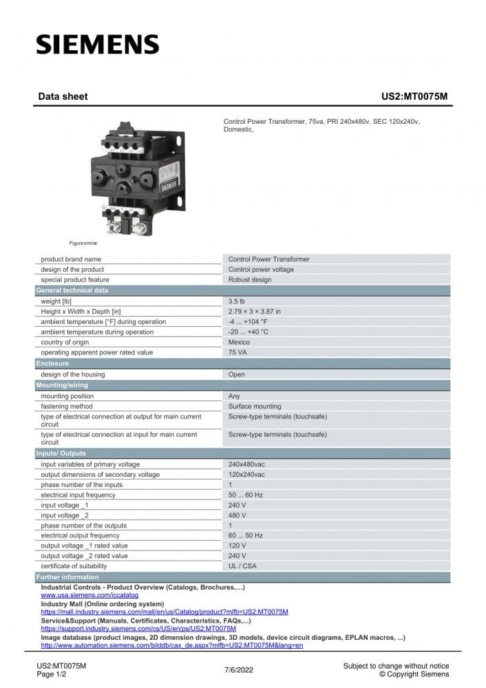 SIEMENS MT0075M technical document page 1