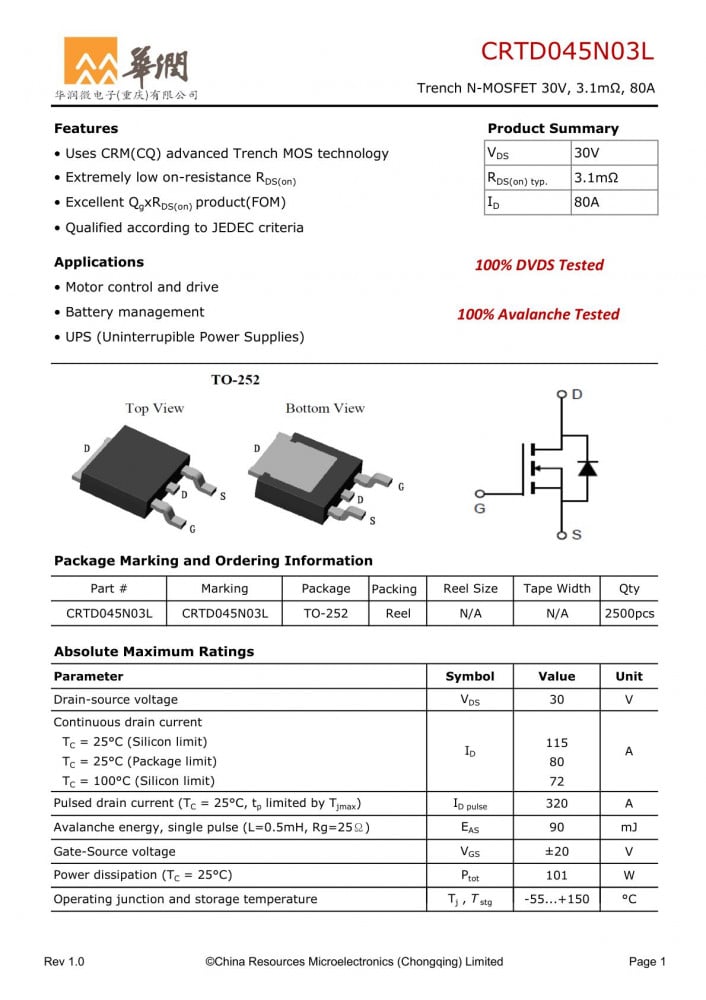 CRTD045N03L datasheet page 1