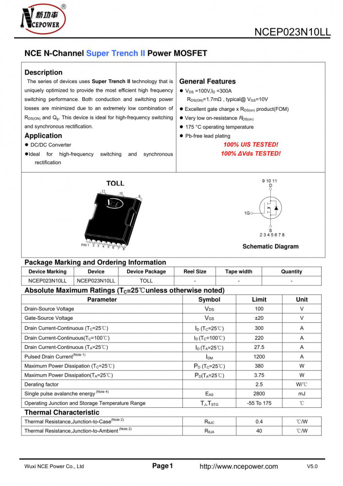 NCEP023N10LL datasheet page 1