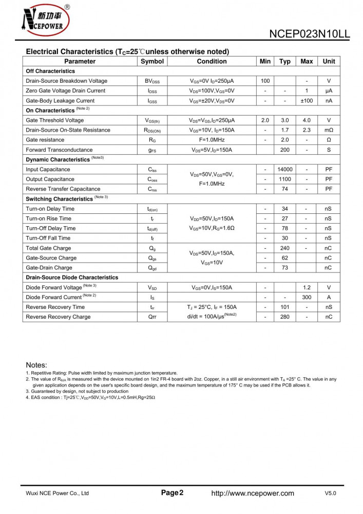 NCEP023N10LL datasheet page 2