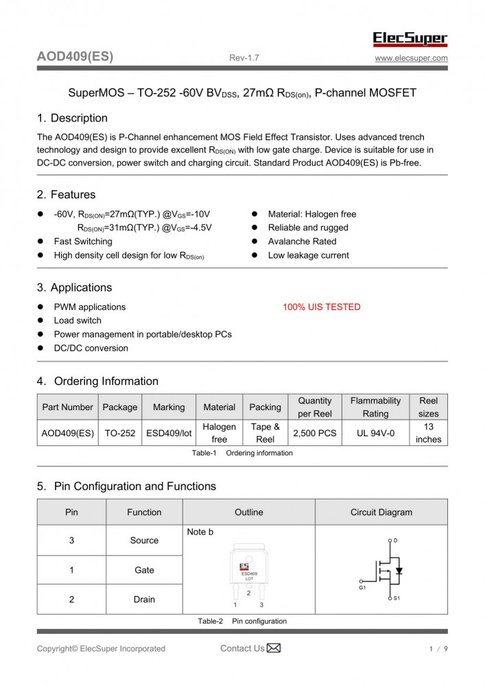 AOD409(ES) datasheet page 1