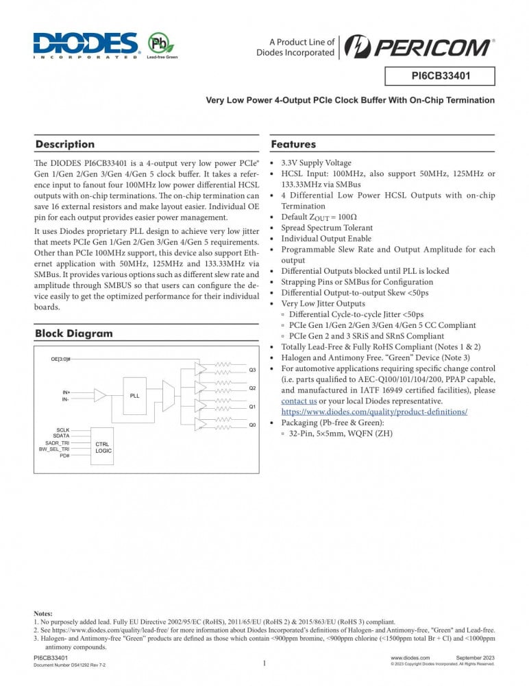 PI6CB33401 datasheet page 1