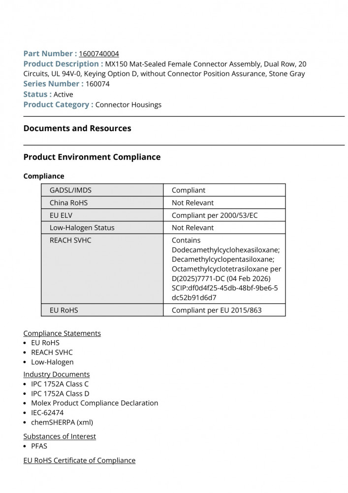 Technical document image, page 1 for MOLEX 1600740004
