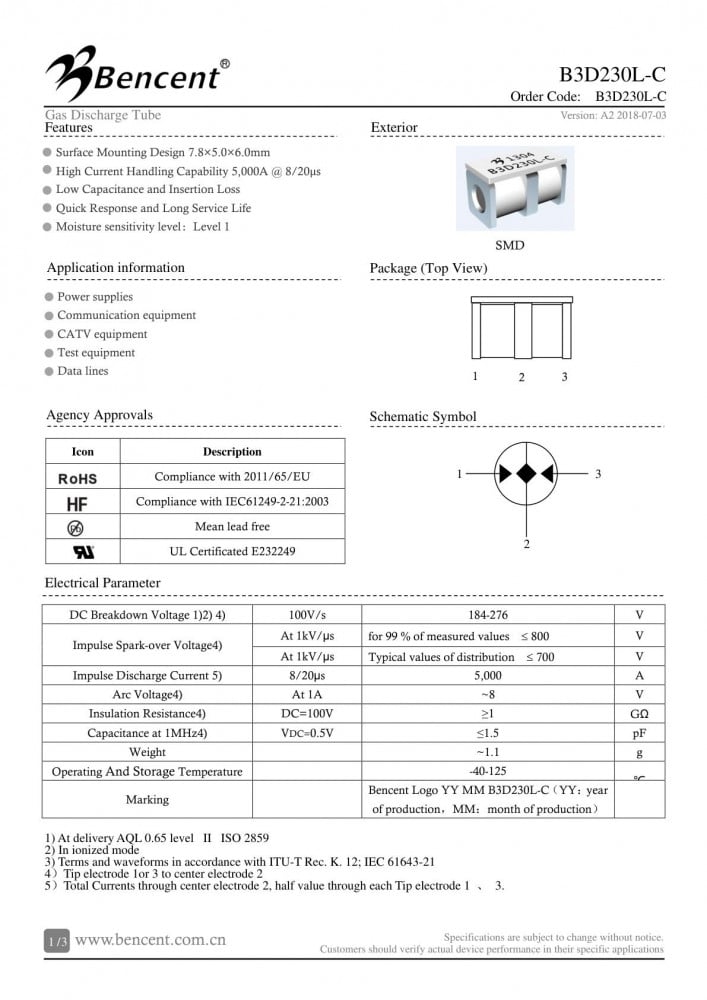 Bencent B3D230L-C datasheet page 1