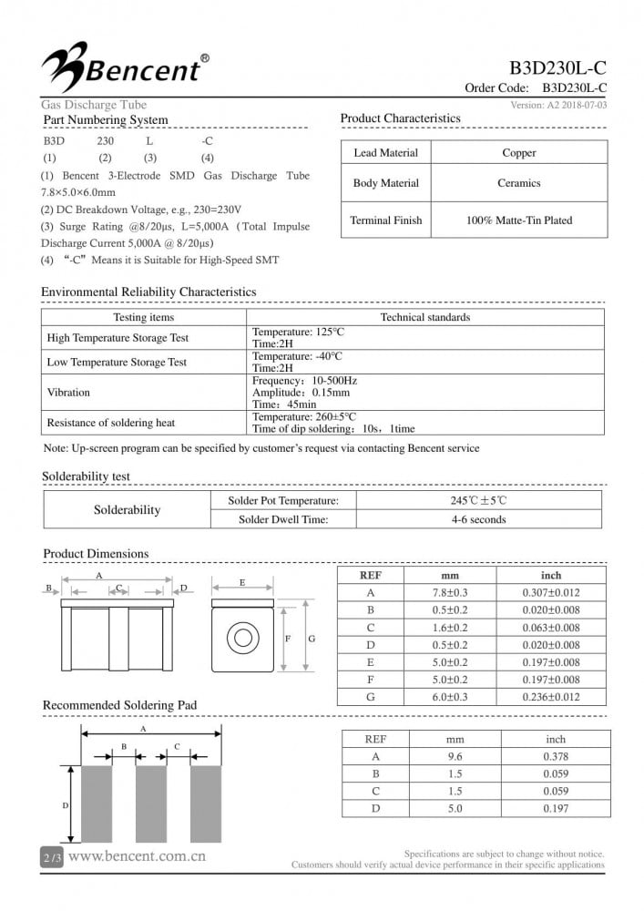 Bencent B3D230L-C datasheet page 2