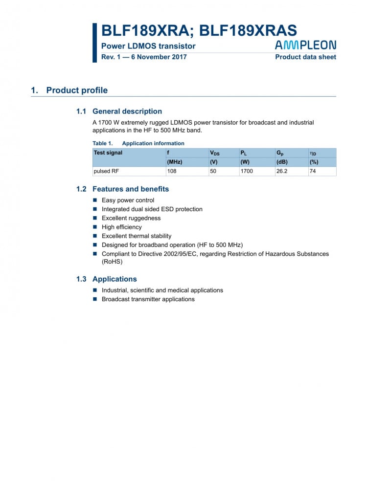 BLF189XRASU datasheet page 1