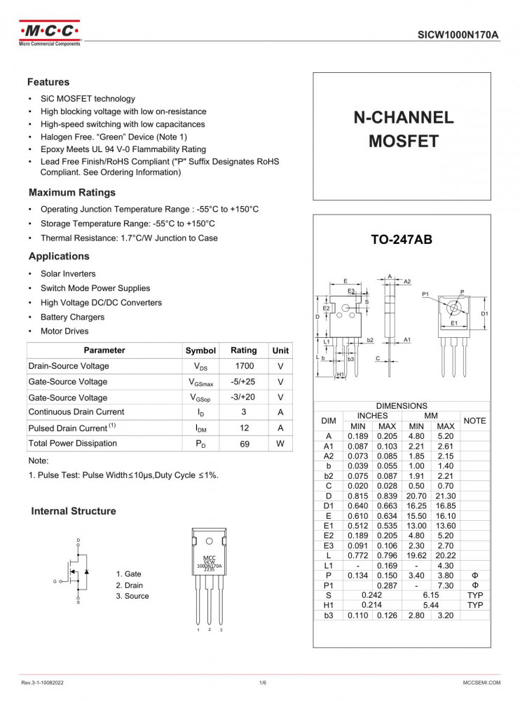 SICW1000N170A-BP datasheet page 1