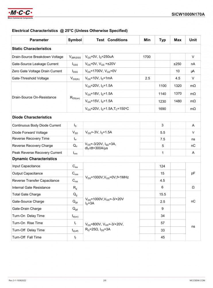 SICW1000N170A-BP datasheet page 2