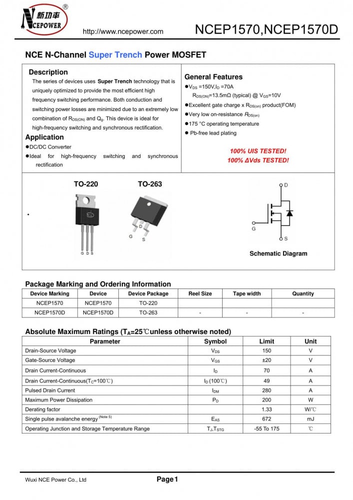 NCEP1570 datasheet page 1