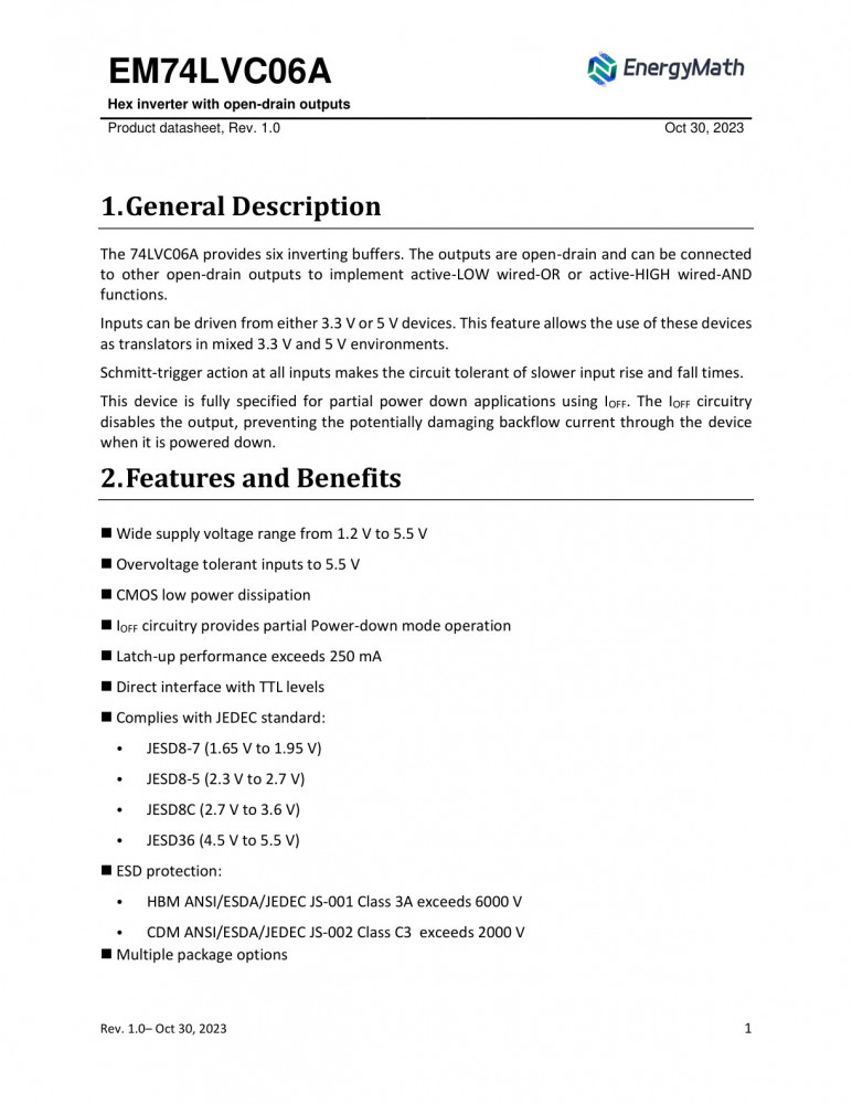 EM74LVC06APW datasheet page 1