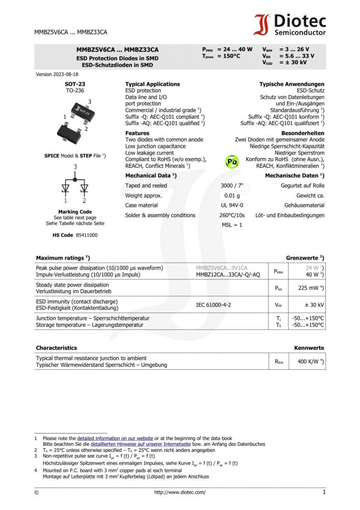 DIOTEC MMBZ18CA datasheet page 1