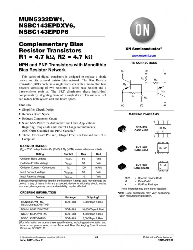 MUN5332DW1T1G datasheet page 1