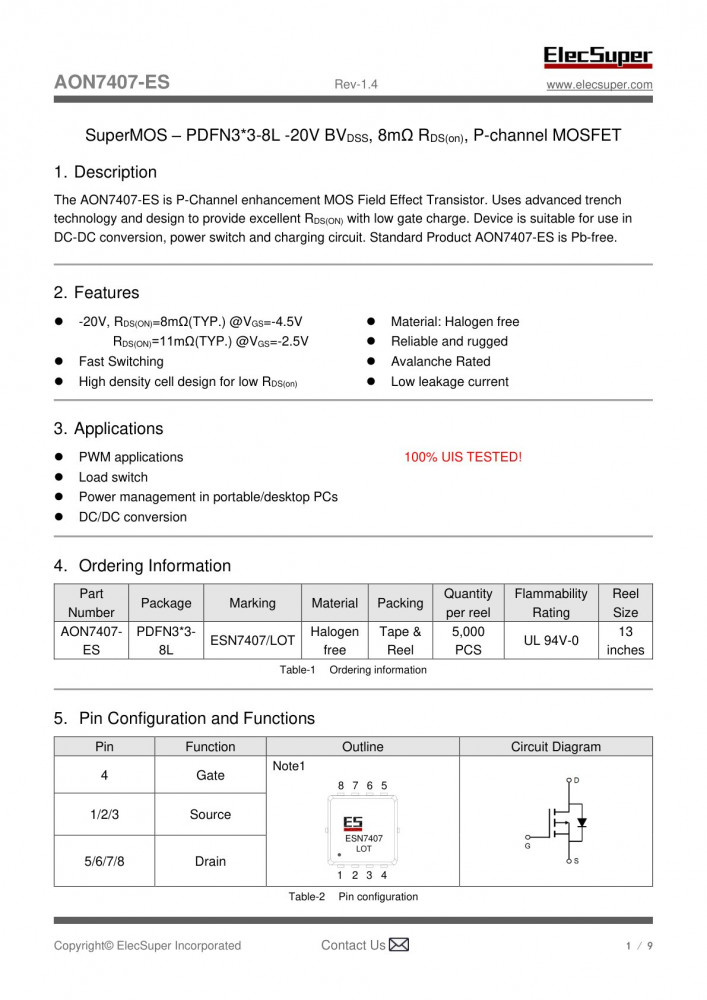 AON7407-ES datasheet page 1