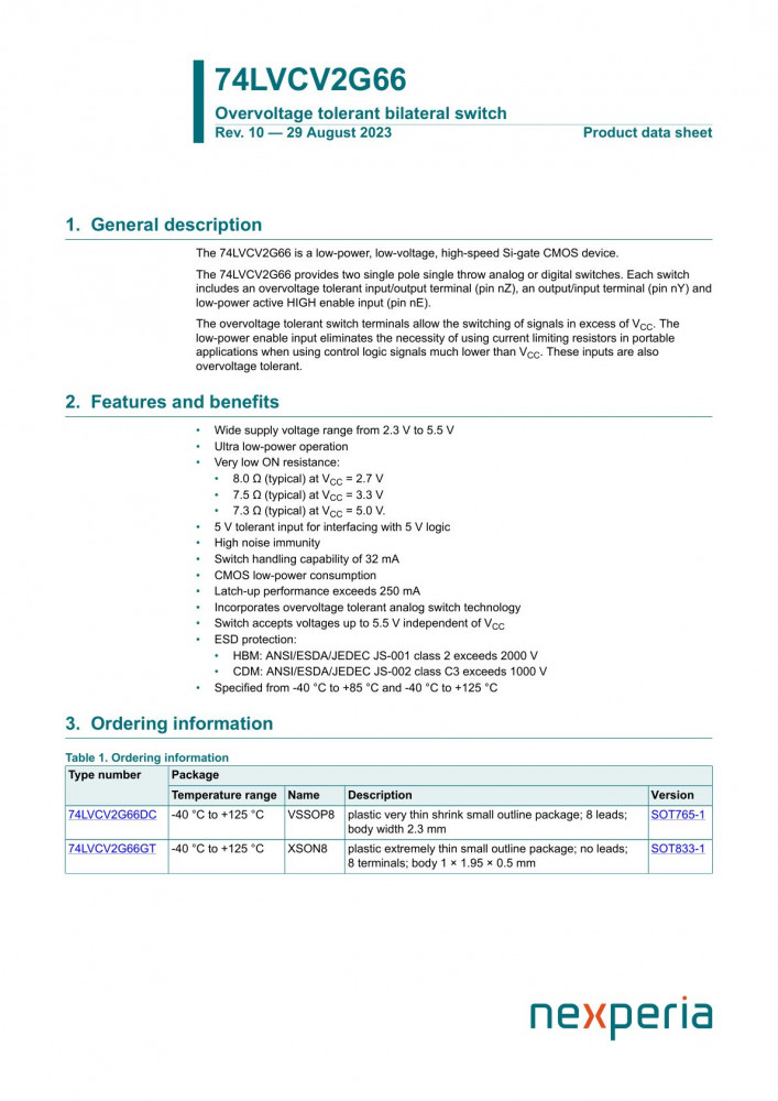 74LVCV2G66GTX datasheet page 1
