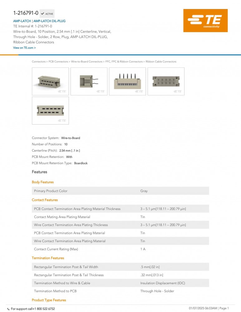 TE Connectivity 1-216791-0 document page 1