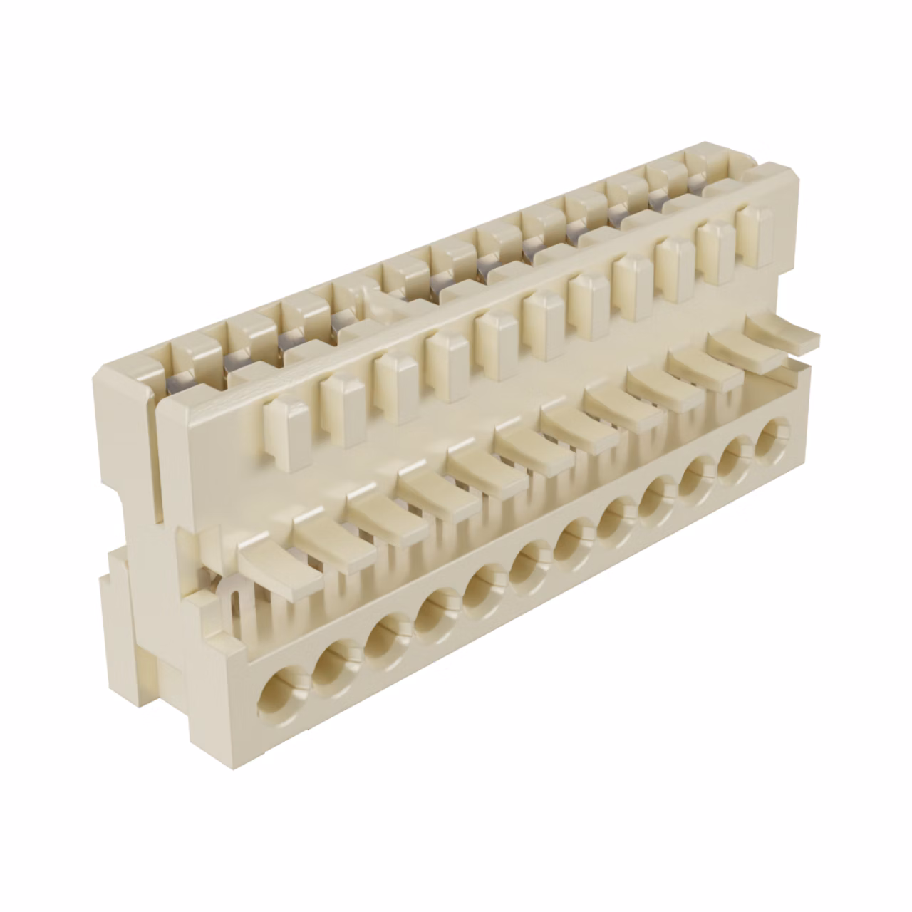 Appli-Mate RAST 2.5 Connector, 2.50mm Pitch, Female, 12 Circuits, Circuit 2 and 11 Voided, Polarizing Rib Between 5/6, Latch at Circuit 2 and 11, Closed Endwalls, Gold Plating